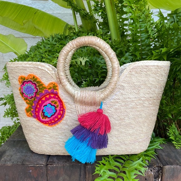 Handmade | Bags | Tulum Mexico Handmade Straw Hamsa Beach Palm Bag ...